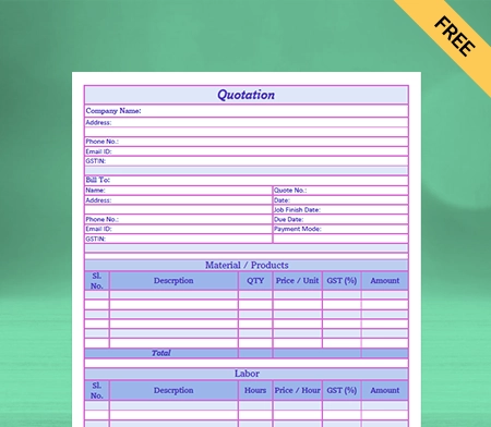 Fabrication Work Quotation Format Free Download