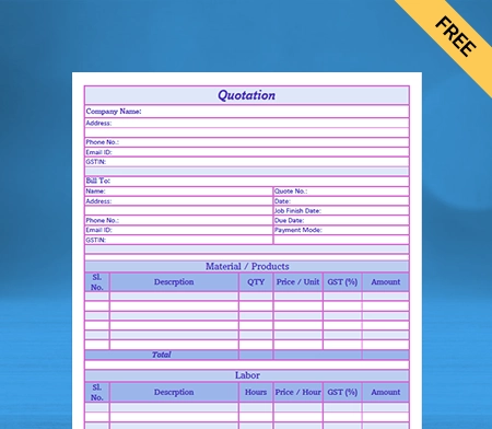 Fabrication Work Quotation Format Free Download