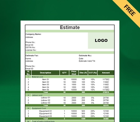 Building Estimate Format in Excel Free Download