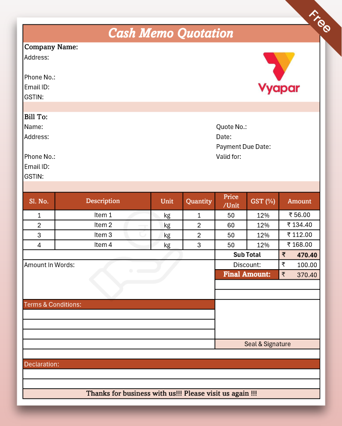 Cash Memo Format in Word, PDF & Excel | Download