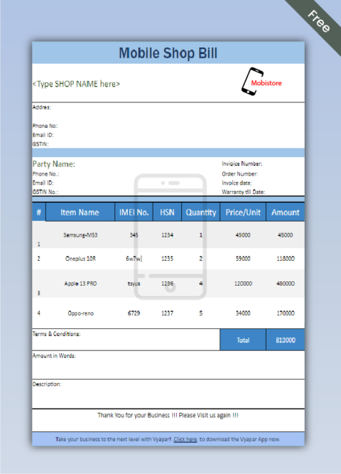 Mobile Shop Bill Book Format in Word, PDF, Excel - Free