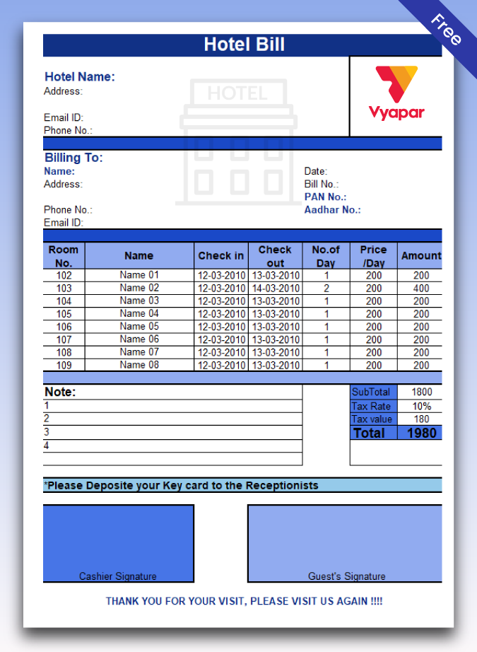 Hotel Bill Format In Word Excel Pdf Free Download Hotel Bill Format In Word Excel Pdf Free Download