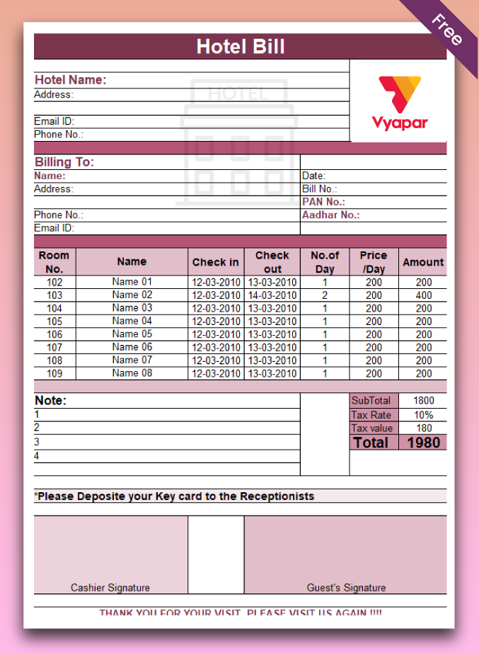 Hotel Bill Format In Word Excel Pdf Free Download
