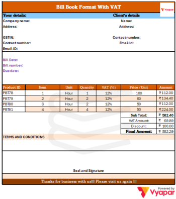 15+ Bill Book Format Free Download | Vyapar App