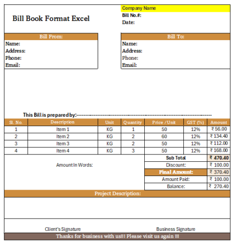Bill Book Format in Excel | Vyapar App