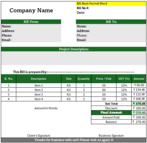 Bill Book Format in Word - Free Download