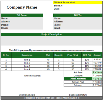 Bill Book Format in Word - Free Download