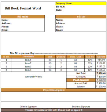 Bill Book Format in Word - Free Download