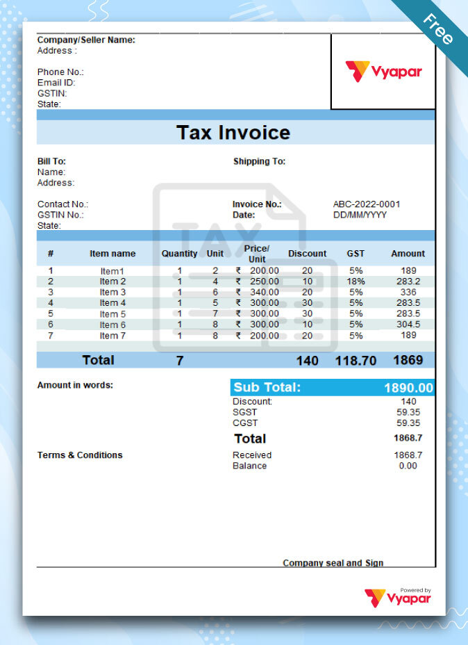 GST Invoice Format In Excel Word Pdf Example Of Gst Tax Invoice In