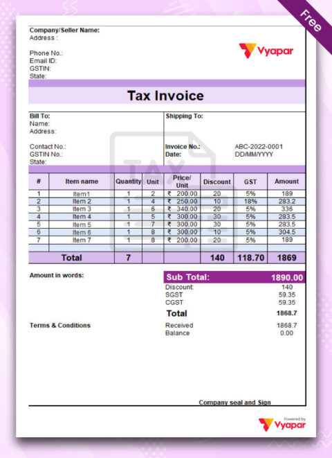 GST Invoice Format in Excel, Word & PDF | Download Tax Bill