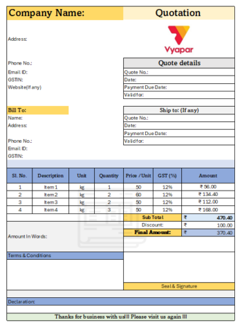 Quotation Format in Excel (Free Download) - Vyapar App