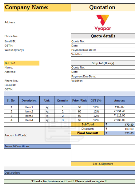 Quotation Format in Excel (Free Download) - Vyapar App