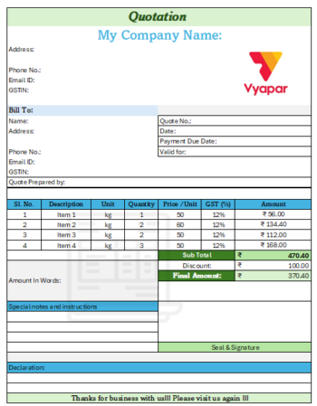 Quotation Format in Excel (Free Download) - Vyapar App