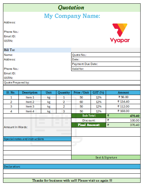 Quotation Format in Excel (Free Download) - Vyapar App