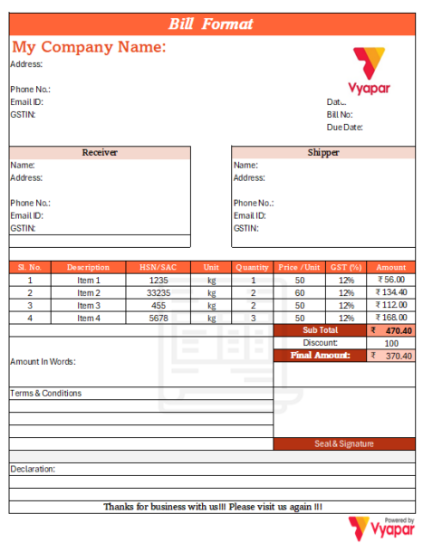 GST Bill Book Format Free Download